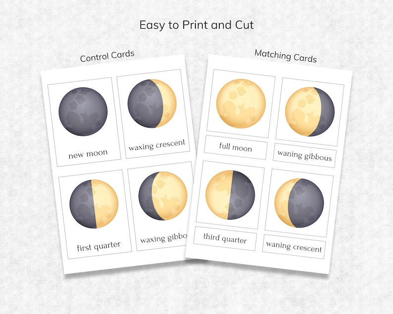 Moon Phases Montessori Flashcards for Kids | Printable 3 Part ...