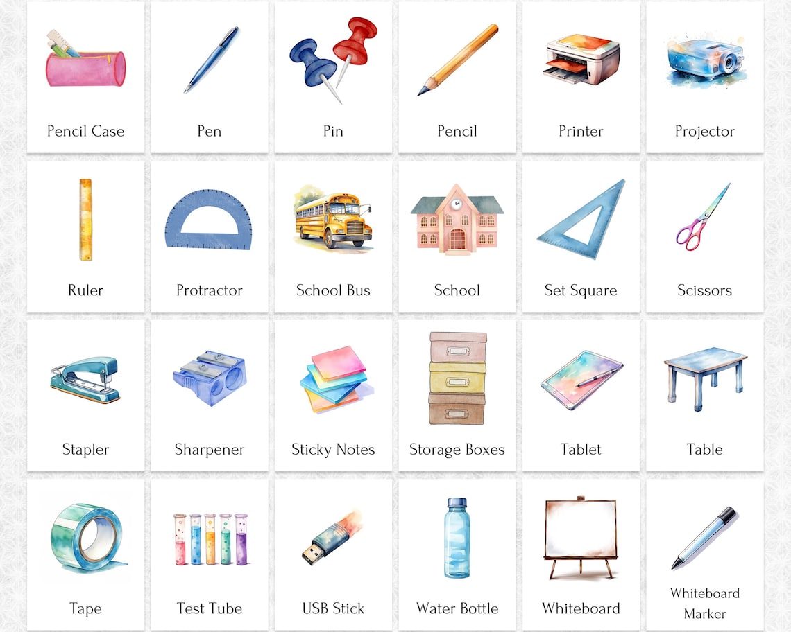 Editable School Supplies Flashcards for Kids, Printable 3 Part ...