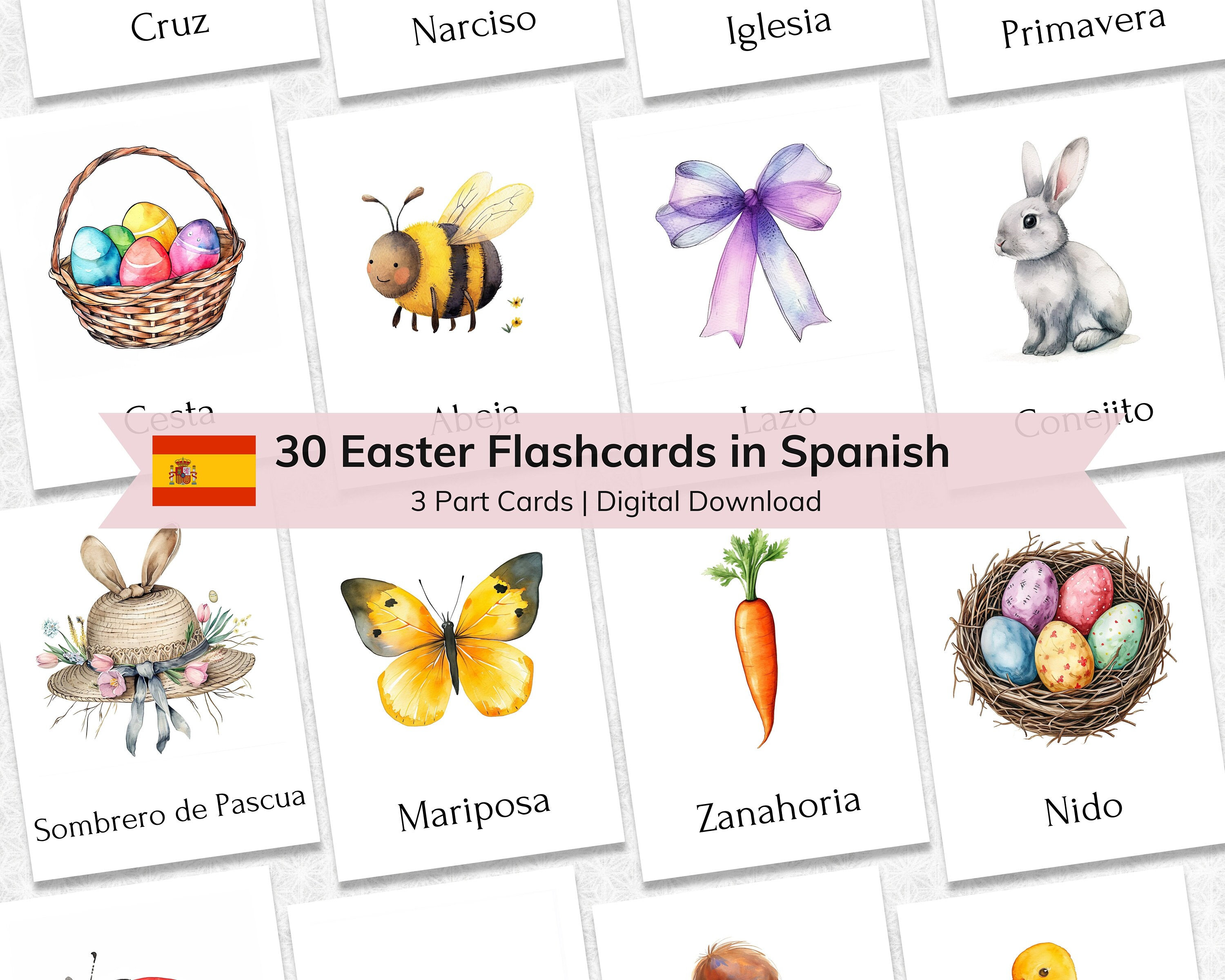 Spanish Easter Montessori Flashcards for Kids Nomenclature 3 Part Cards ...