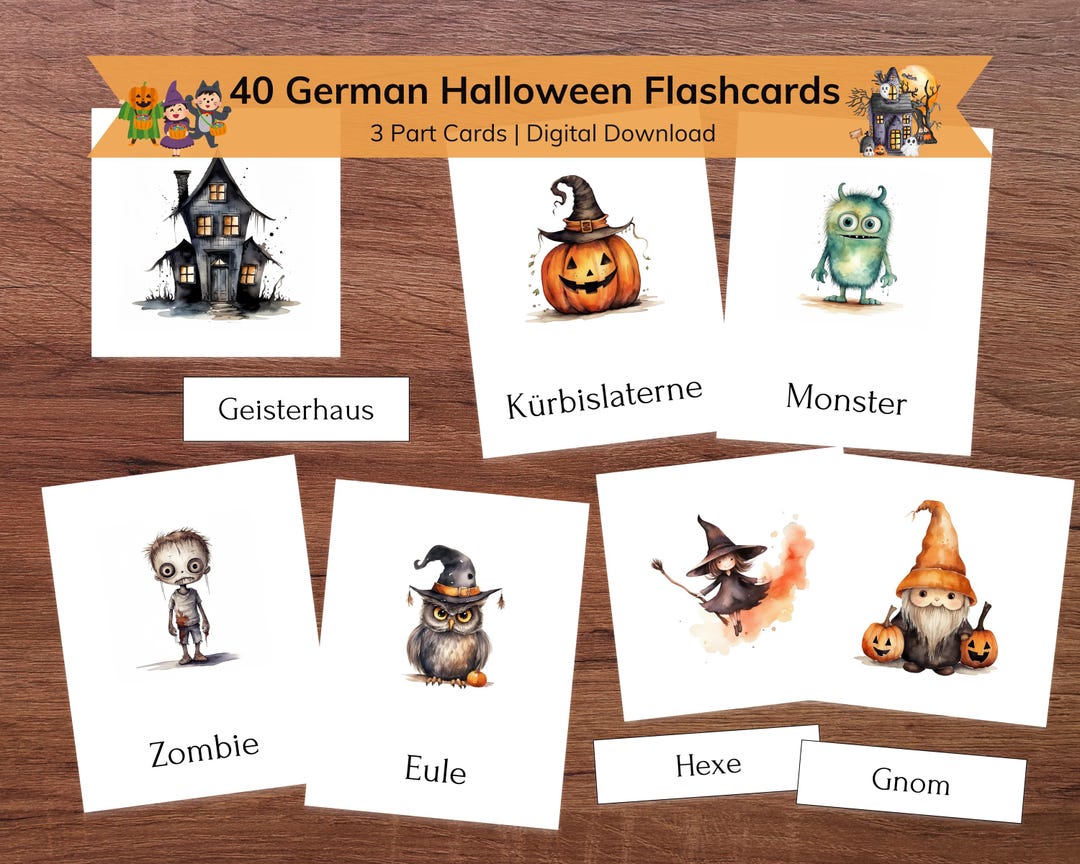 German Halloween Flashcards for Kids, Printable 3 Part Nomenclature ...