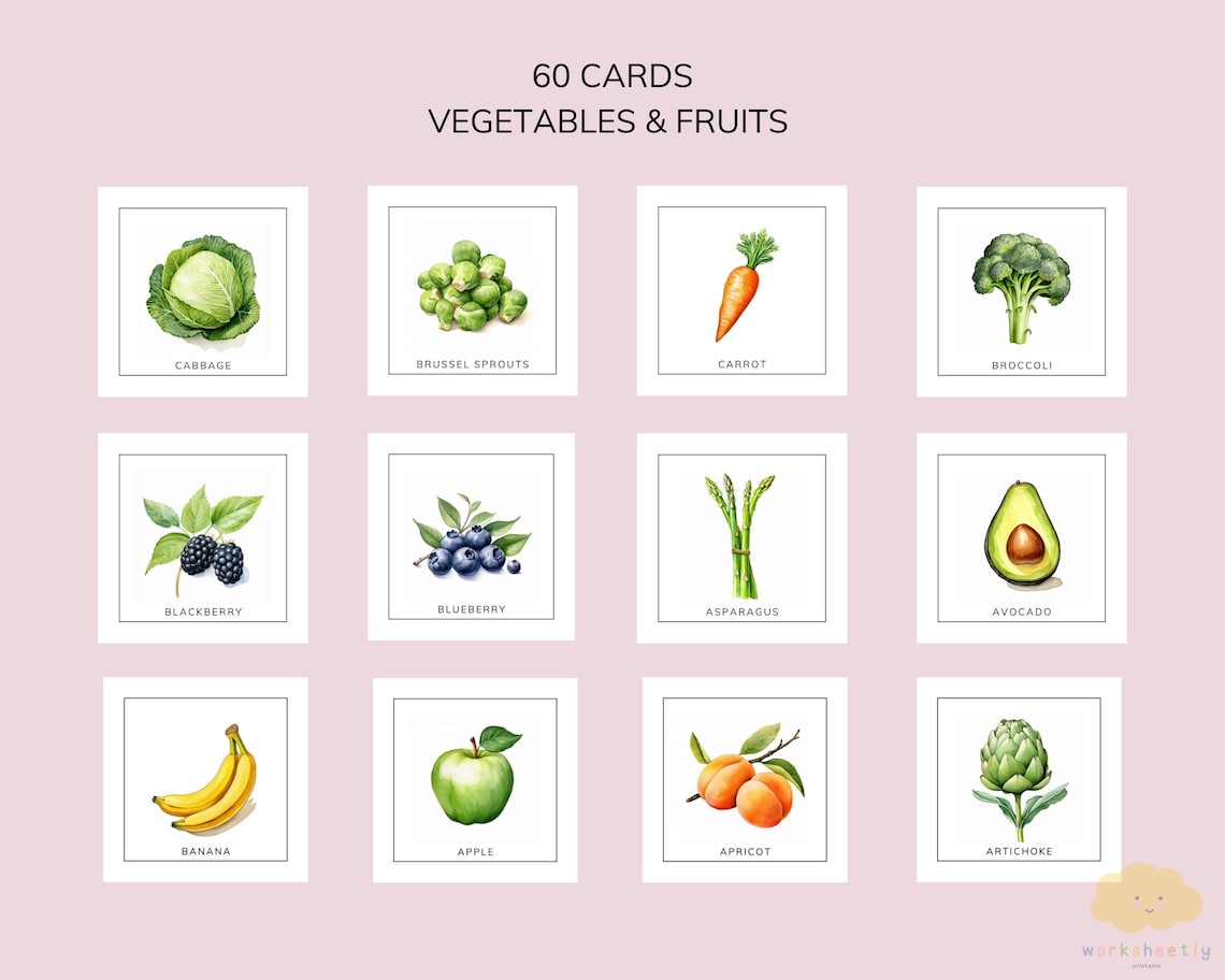 60 Fruits and Vegetables Montessori Flashcards for Kids Pre-school ...