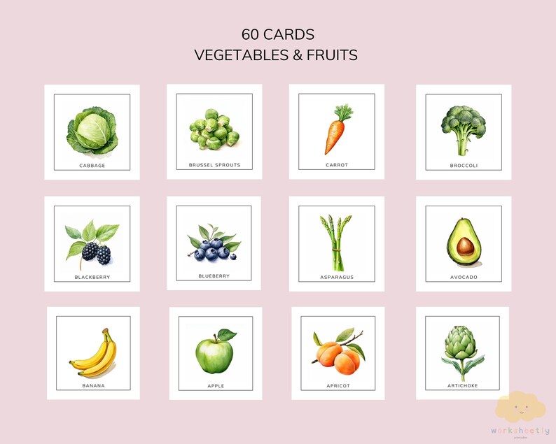 60 Fruits and Vegetables Montessori Flashcards Pre-school - Etsy