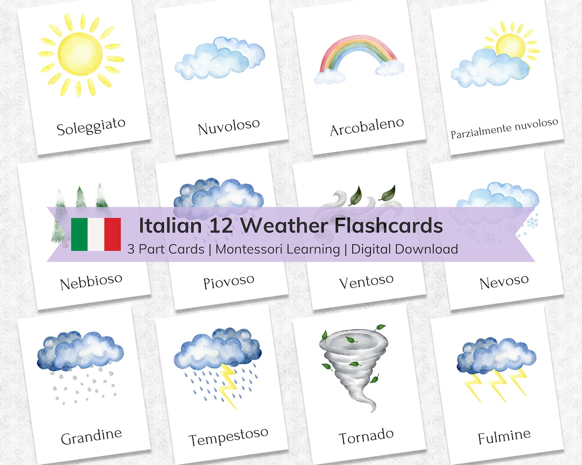 Italian Weather Printable Flashcards for Kids Weather Montessori ...