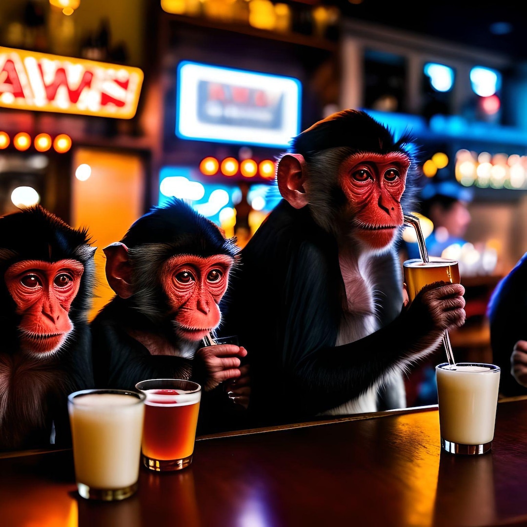 Monkeys at a Bar Drinking. - Etsy