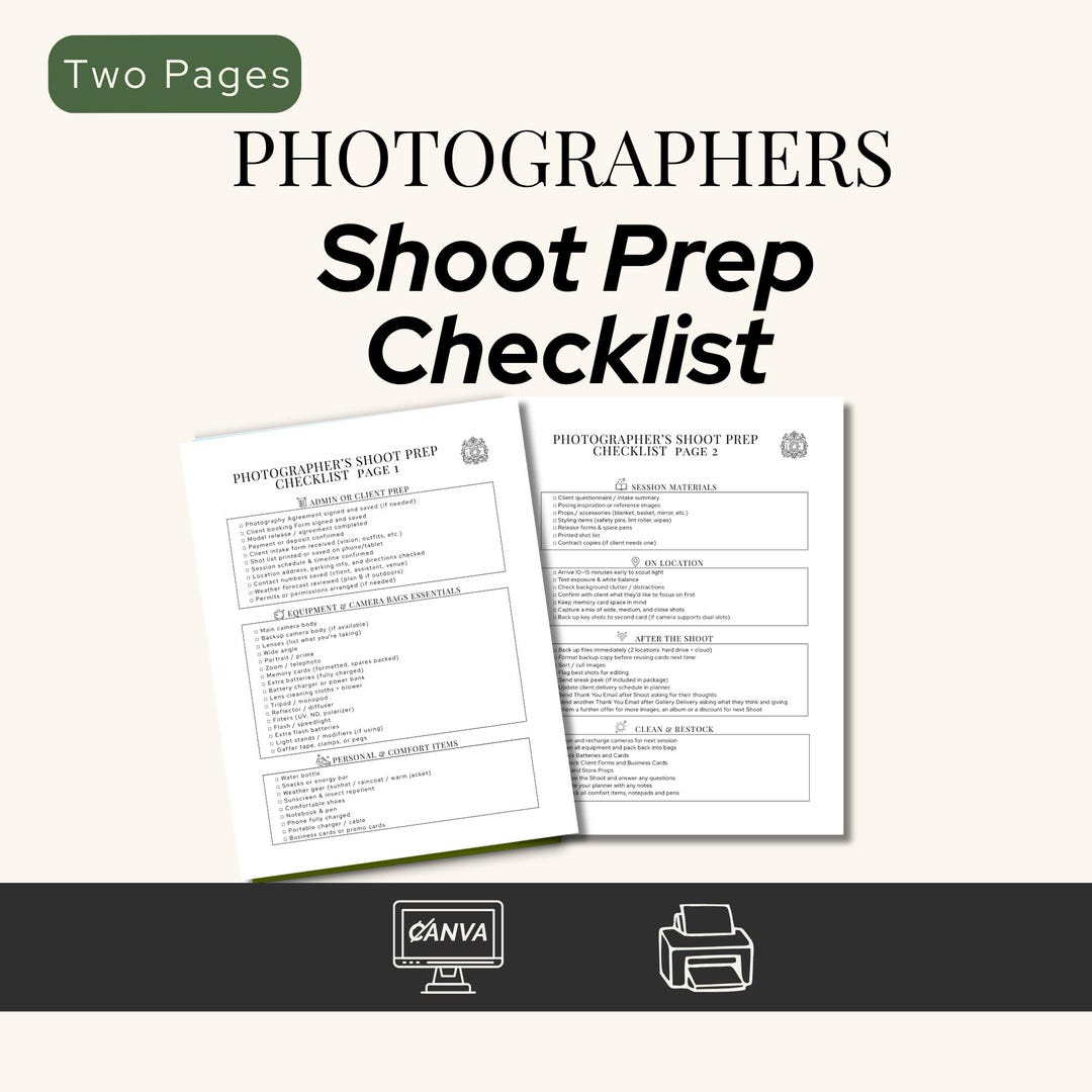 Photography Checklist Template Digital Download Shot List Portrait ...