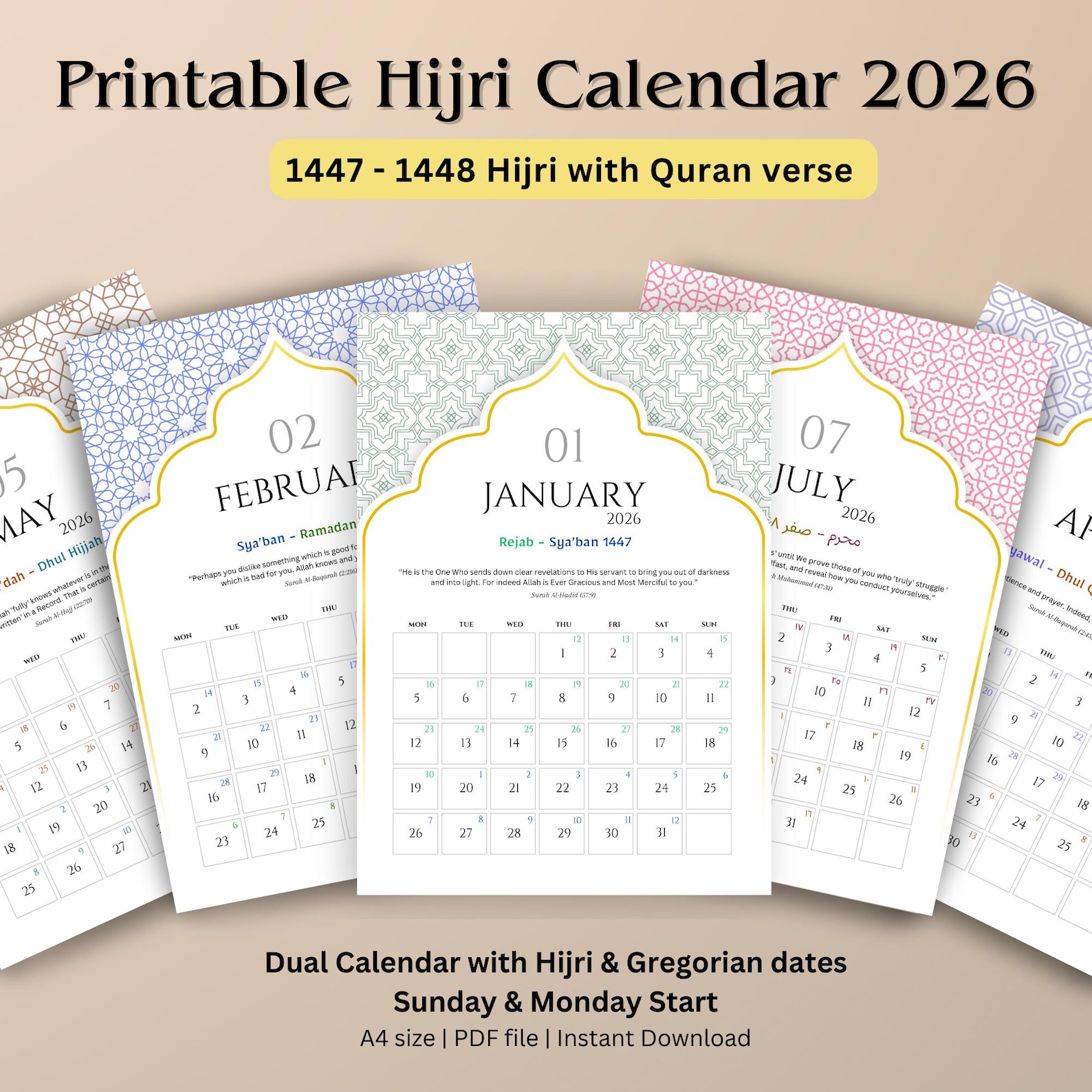 Printable 2026 Islamic Hijri Calendar - With Quran Verse - Colour Coded ...
