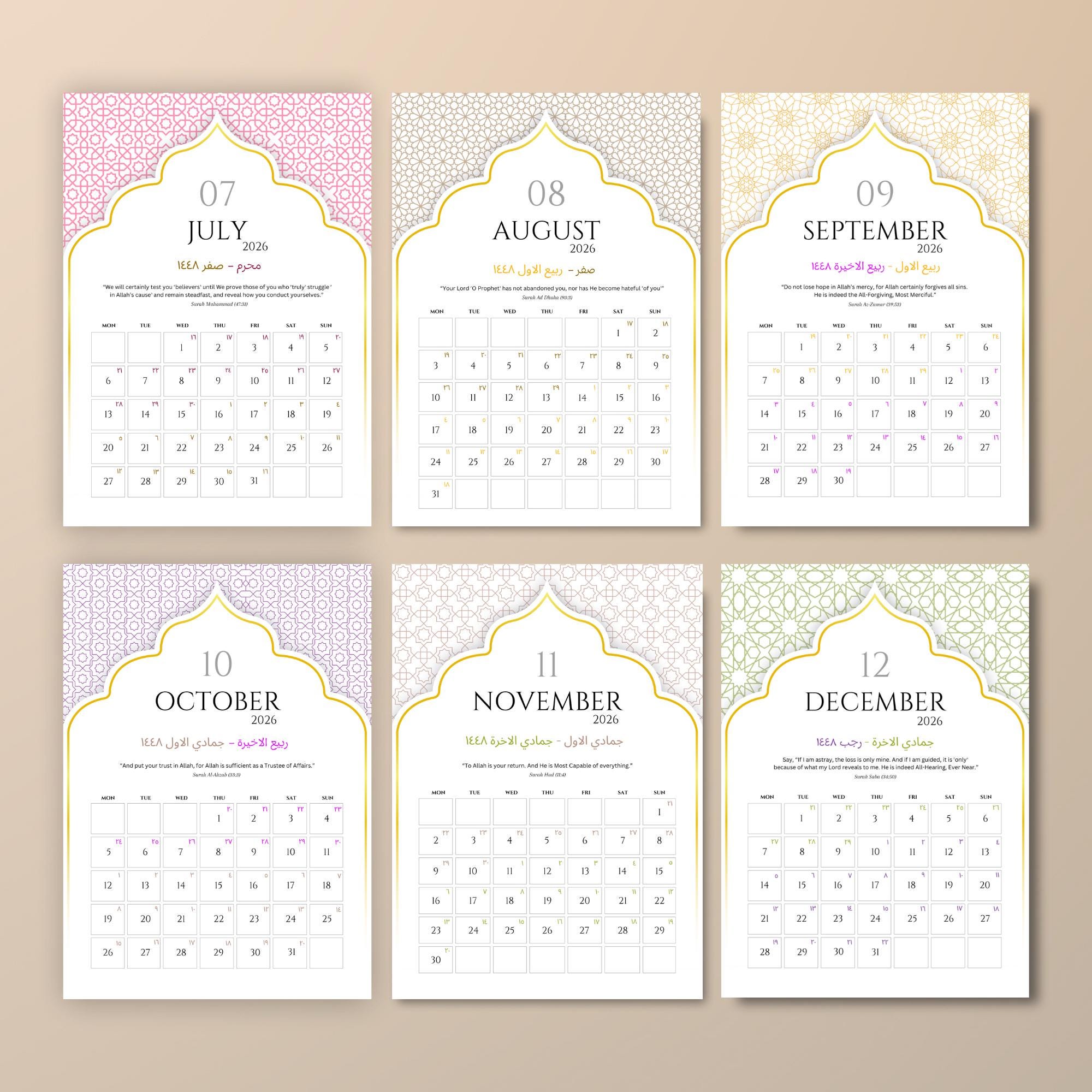 Printable 2026 Islamic Hijri Calendar - With Quran Verse - Colour Coded ...