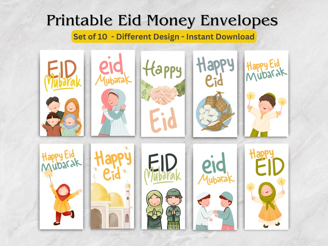 10 Printable Eid Mubarak Gift Money Envelope - Set of 10 - Kids Eid ...
