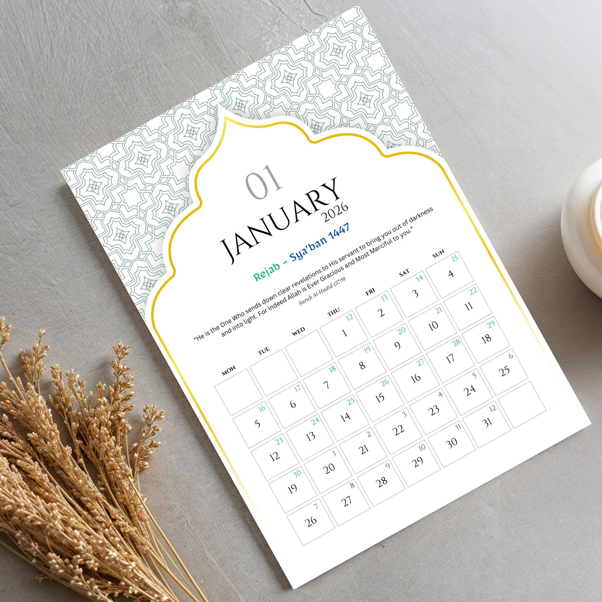 Printable 2026 Islamic Hijri Calendar - With Quran Verse - Colour Coded ...