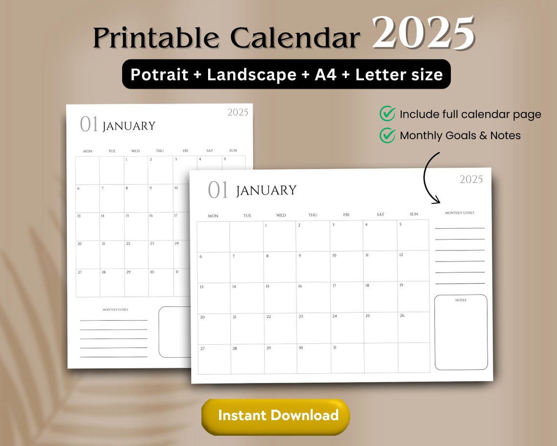 Printable Calendar 2025 Landscape Potrait Calendar Minimalist Simple ...