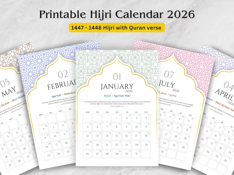 Printable 2026 Islamic Hijri Calendar - With Quran Verse - Colour Coded ...