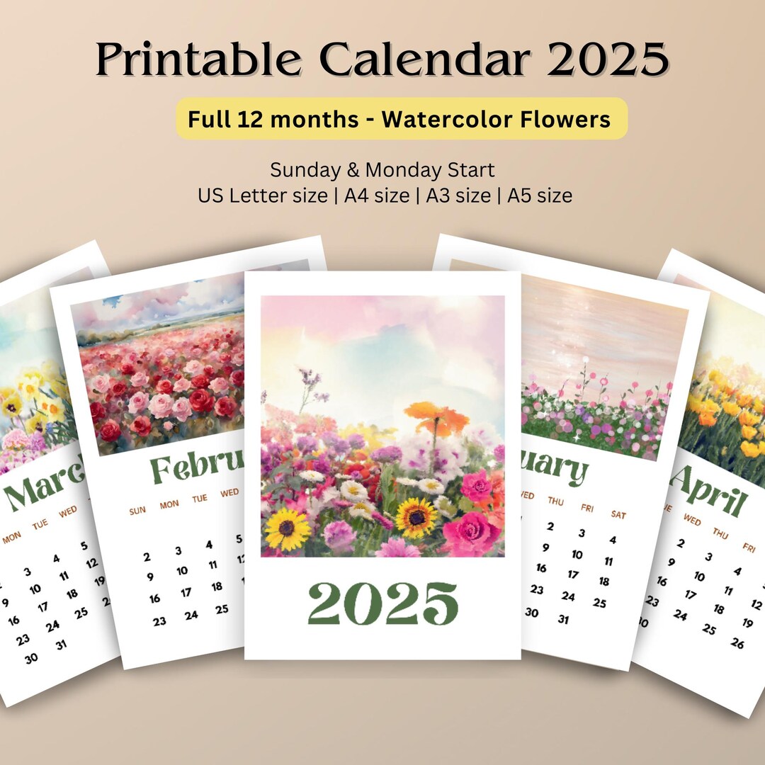 Printable 2025 Monthly Calendar - Watercolor Flowers - Colorful ...