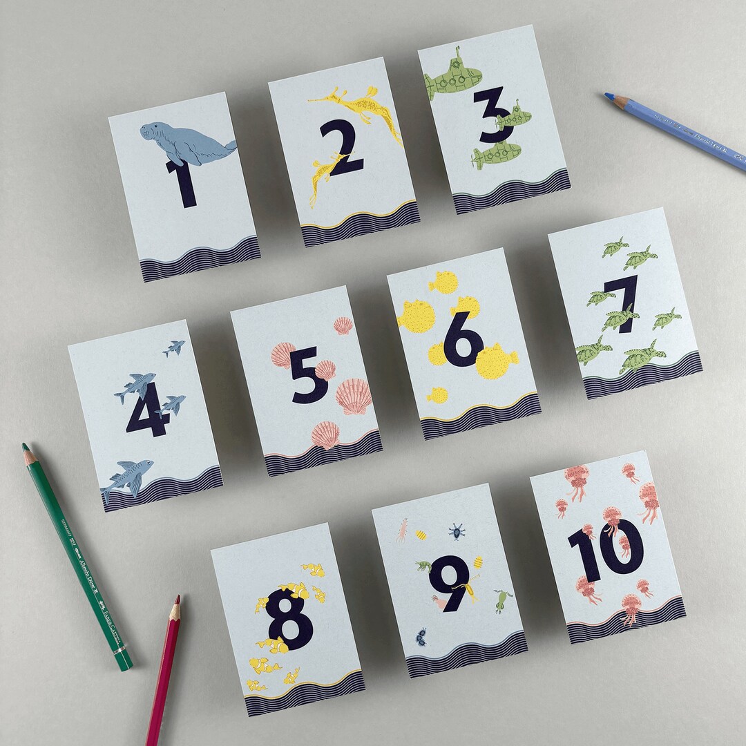 Learning Numbers From 1 to 10, Flashcard Set With Illustrated Sea ...