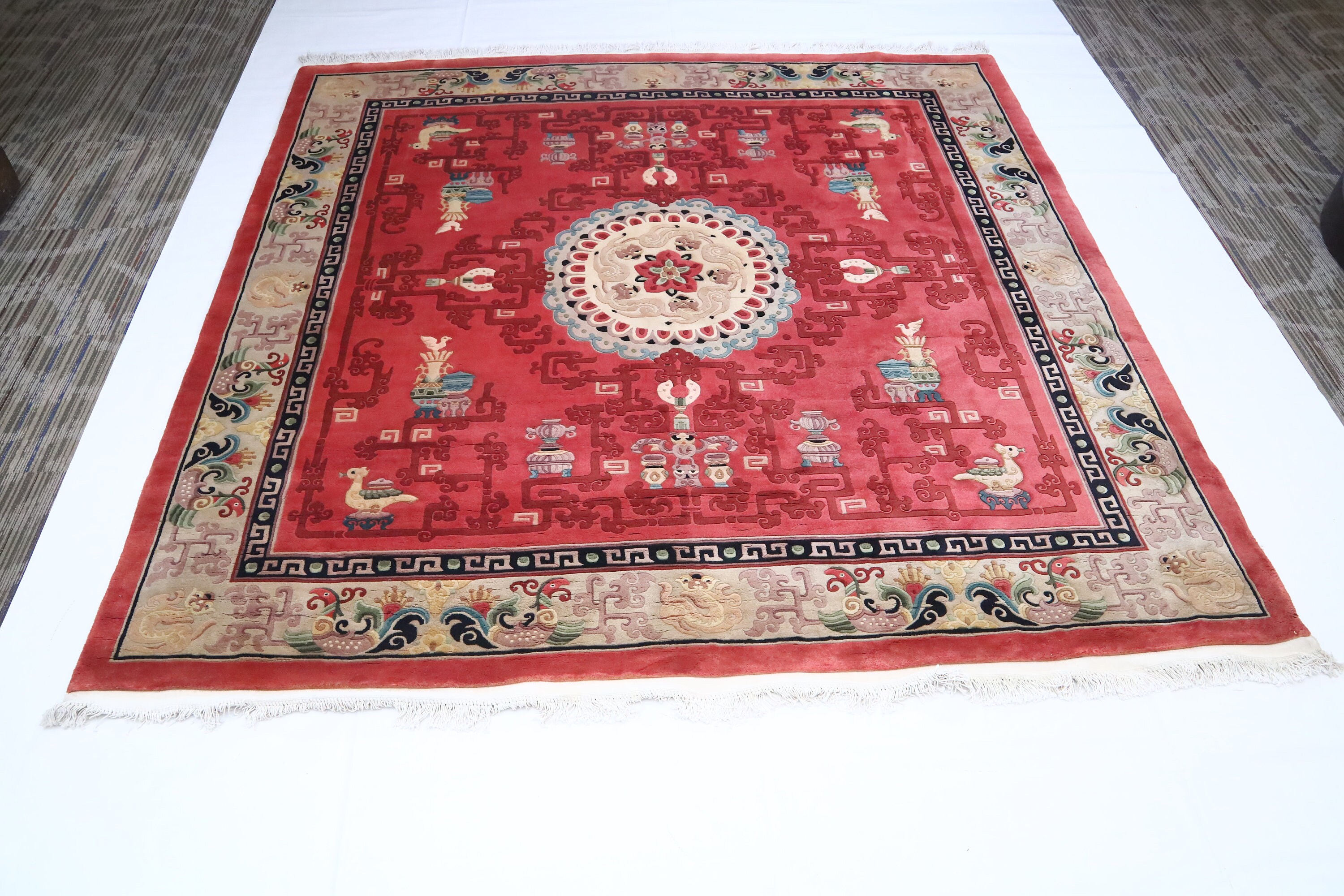 Red 9x9 Ft Chinese Art Deco Area Rug Fine Quality Hand Knotted Oriental ...