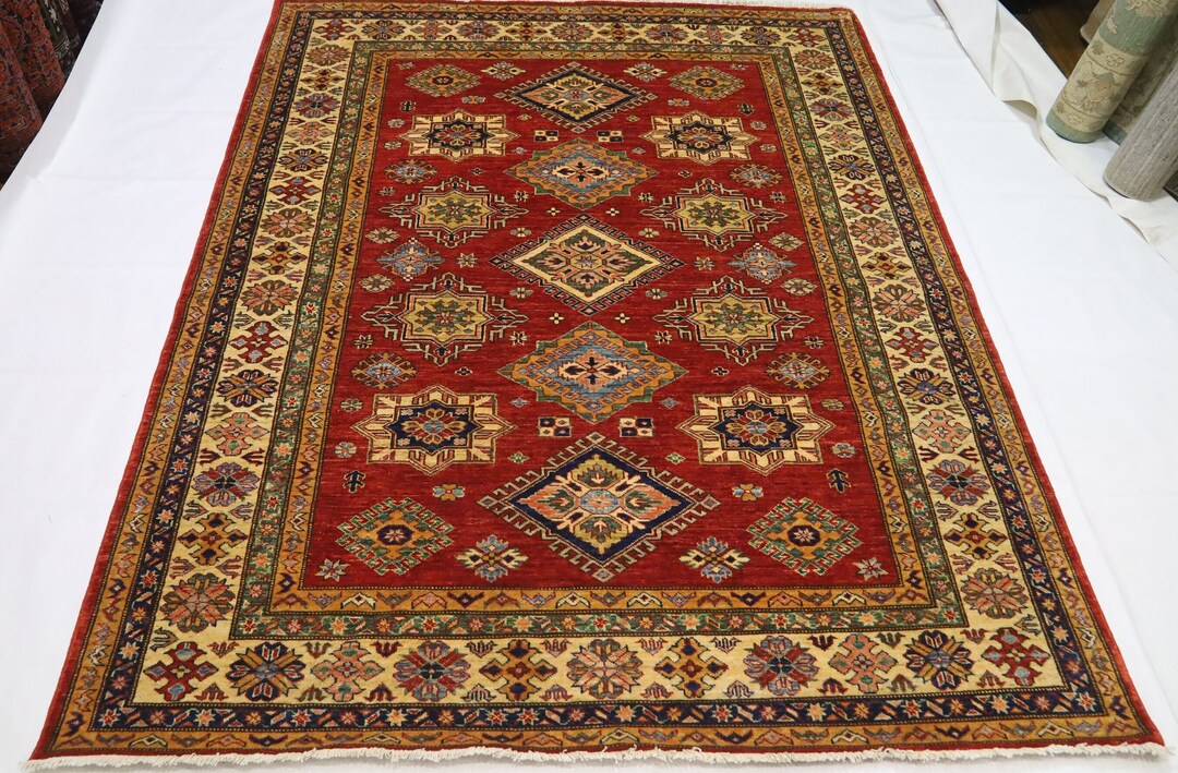 6x8 Ft Red Kazak Area Rug Afghan Hand Knotted Geometric Fine - Etsy