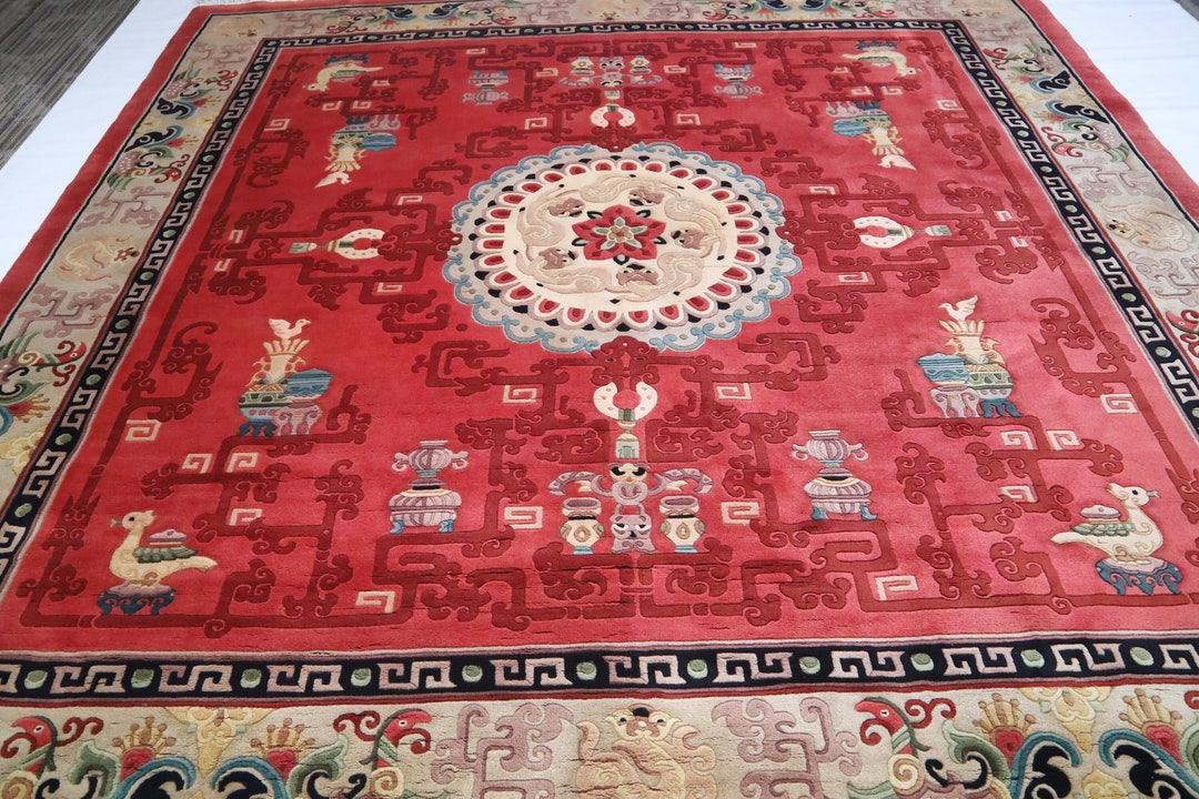 Red 9x9 Ft Chinese Art Deco Area Rug Fine Quality Hand Knotted Oriental ...