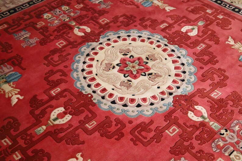 Red 9x9 Ft Chinese Art Deco Area Rug Fine Quality Hand Knotted Oriental ...