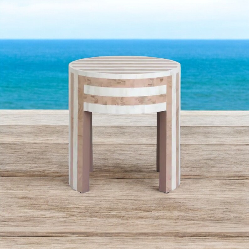 Bone Inlay Stripe Design Round End Table, Bone Inlay Side Table, Bone ...