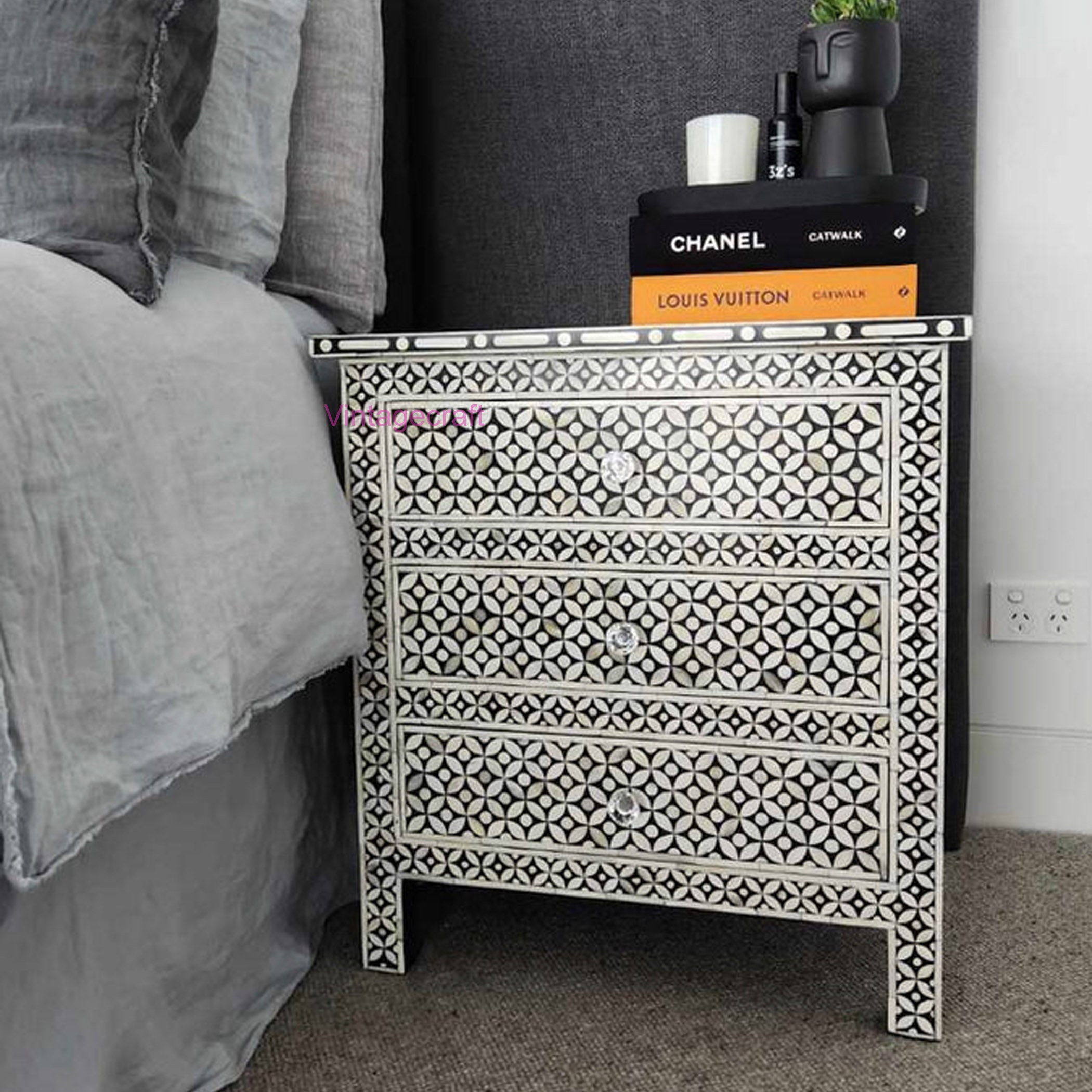 Bone Inlay Bedside Nightstand, Handmade Bedside Table - Etsy