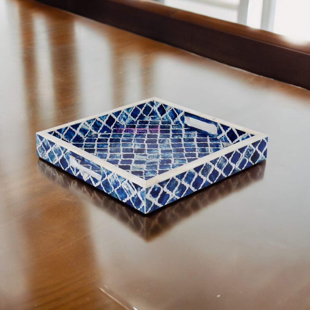 Bone Inlay Blue Tray Farmhouse Coffee Table Tray Vintage Perfume Tray ...