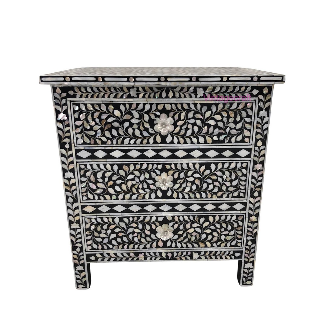Mother of Pearl Bedside Nightstand Table 3 Drawers Floral Pettah Home ...