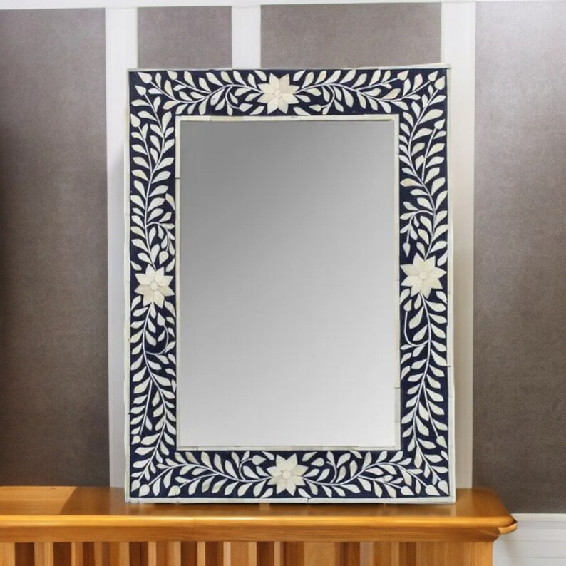 Bone Inlay Wall Hanging Mirror Artisan Floral Pattern Mirror Frame With ...