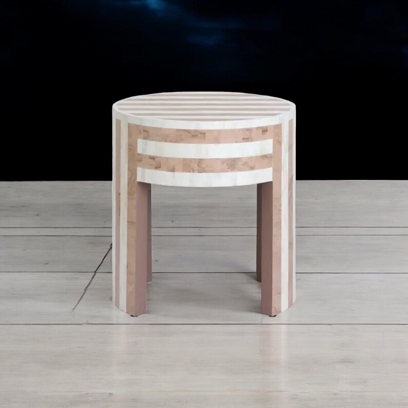 Bone Inlay Stripe Design Round End Table, Bone Inlay Side Table, Bone ...