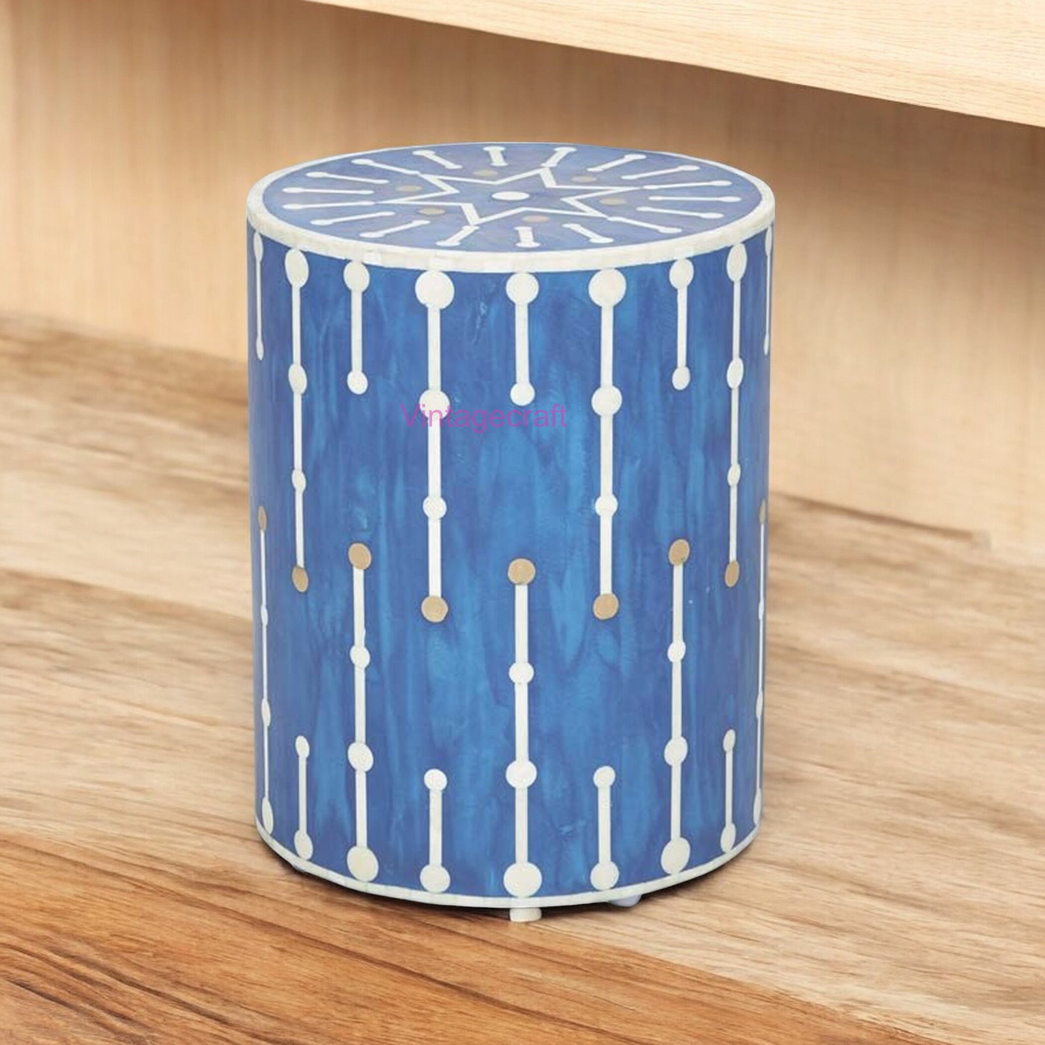 Handmade Bone Inlay Round End Table in Slate Green & Blue Sprout Design ...