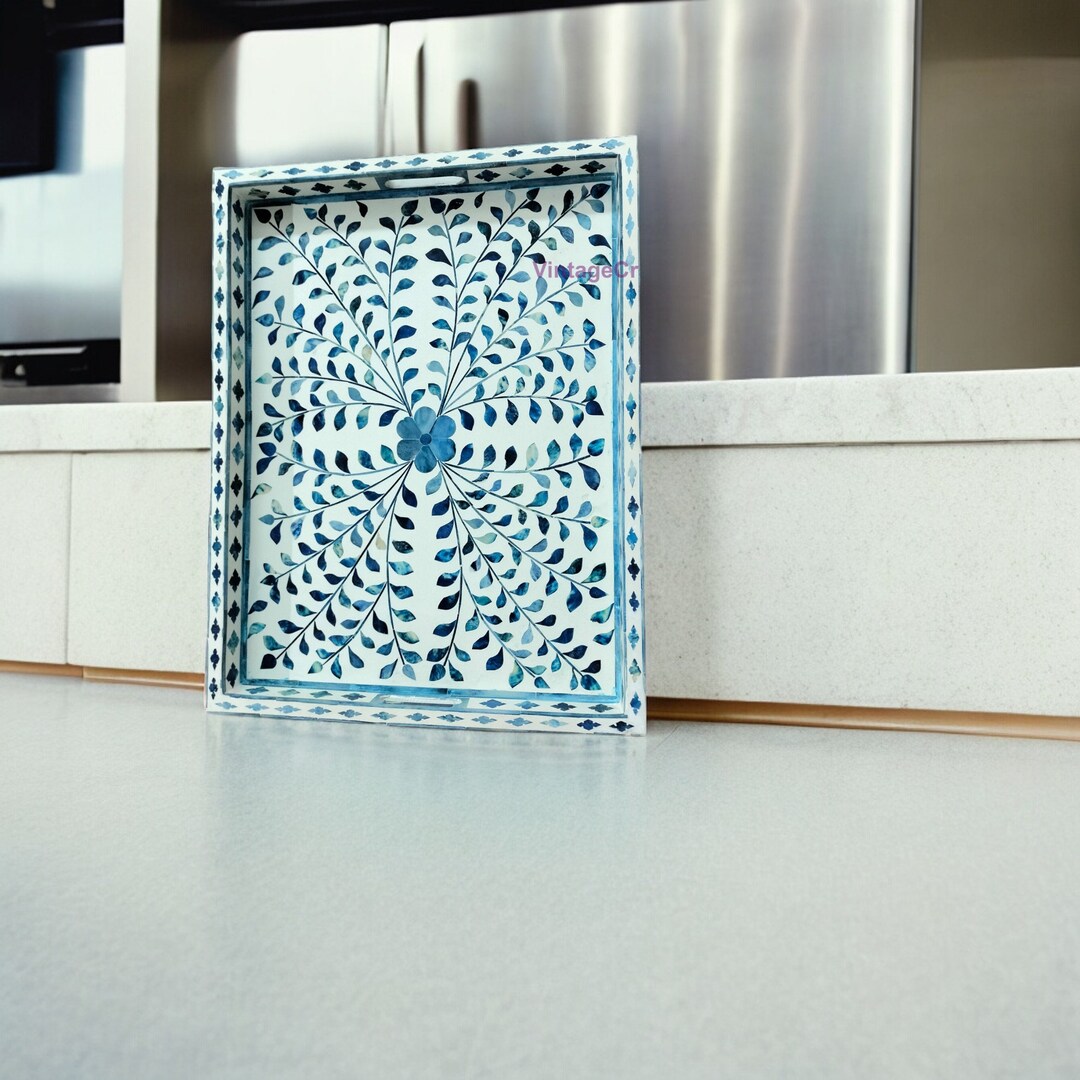 Blue Bone Inlay Tray, Floral Serving Tray Kitchen Platter Home Decor ...