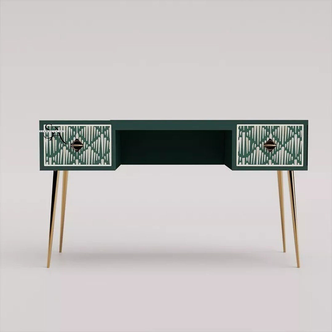 Bone Inlay Study Desk Table Sea Green Console Table With Modish ...