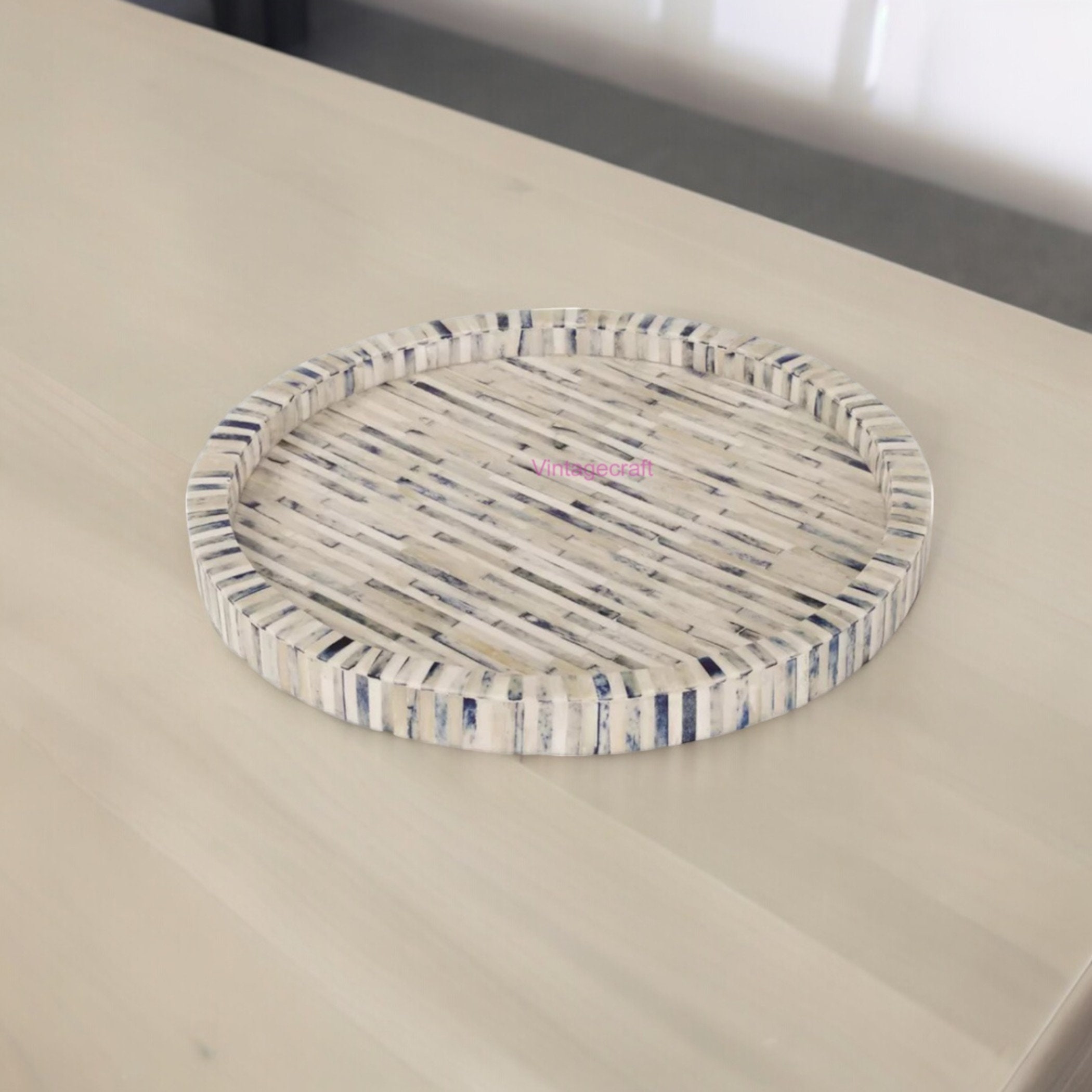 Handmade Round Bone Inlay Serving Tray Home Decorative Tray Home Décor ...