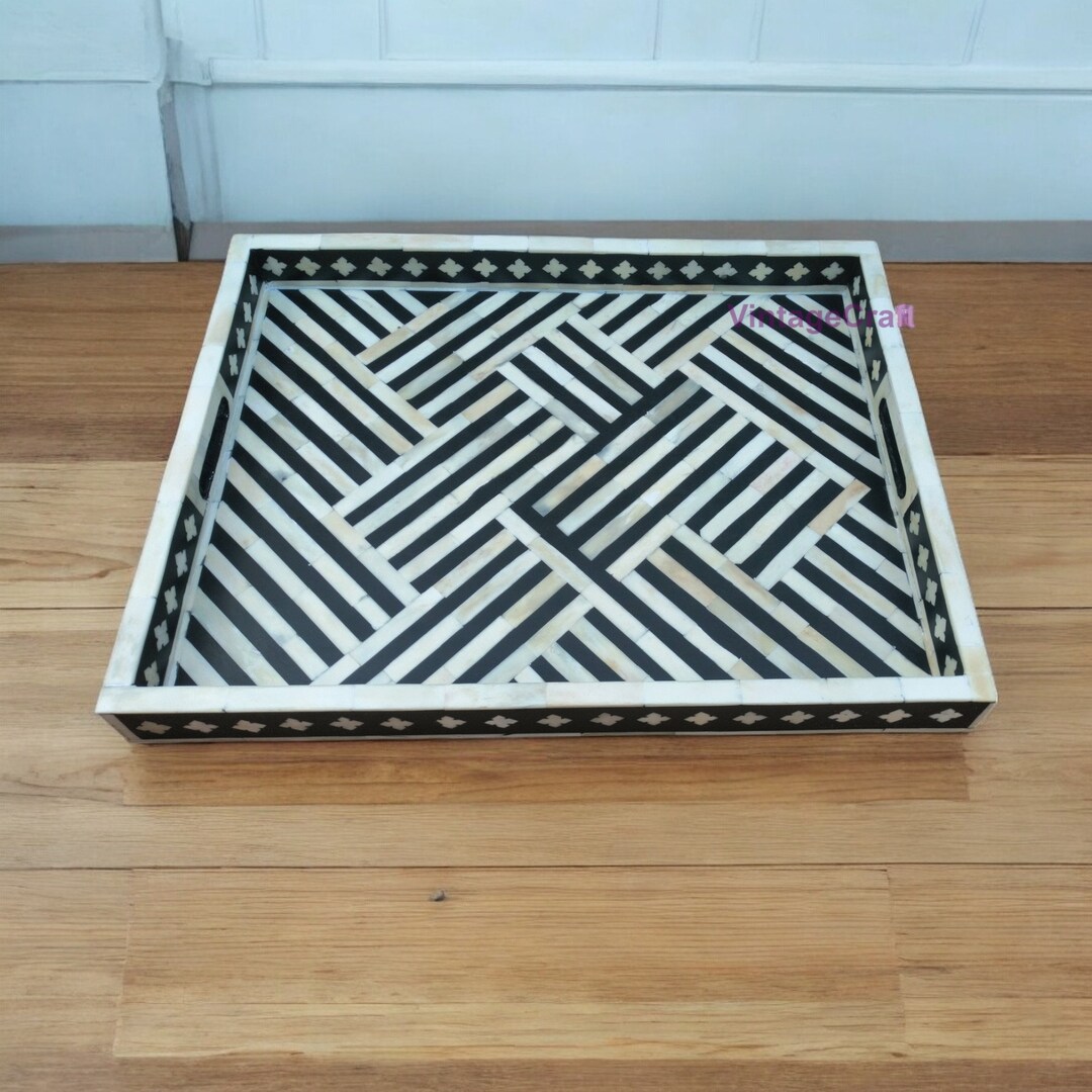 Bone Inlay Tray, Wooden Modern Pattern Serving Tray, Bone Inlay Serving ...
