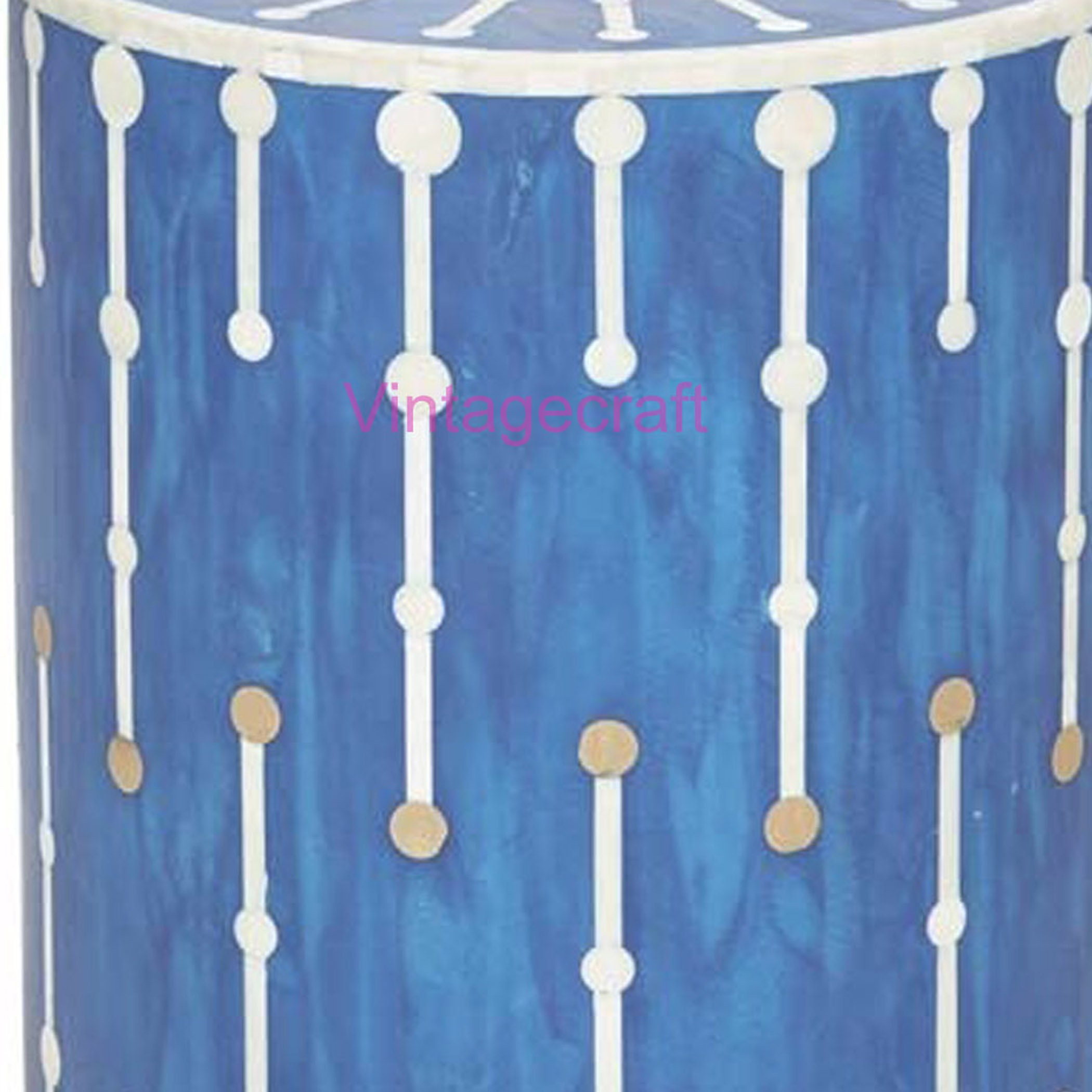 Handmade Bone Inlay Round End Table in Slate Green & Blue Sprout Design ...