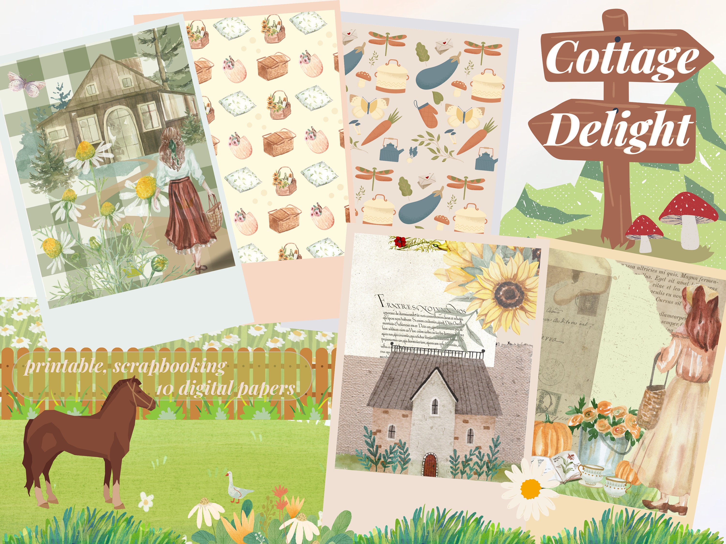 Cottagecore Digital Paper, Country Scrapbook Paper, Cottage Junk ...