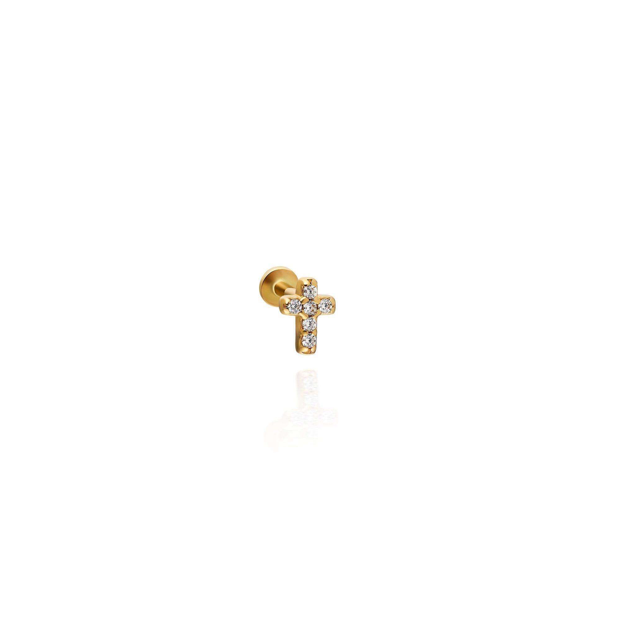 One Piece 14k Solid Gold Cross Earring Piercing, Cross Stud Daith Stud ...