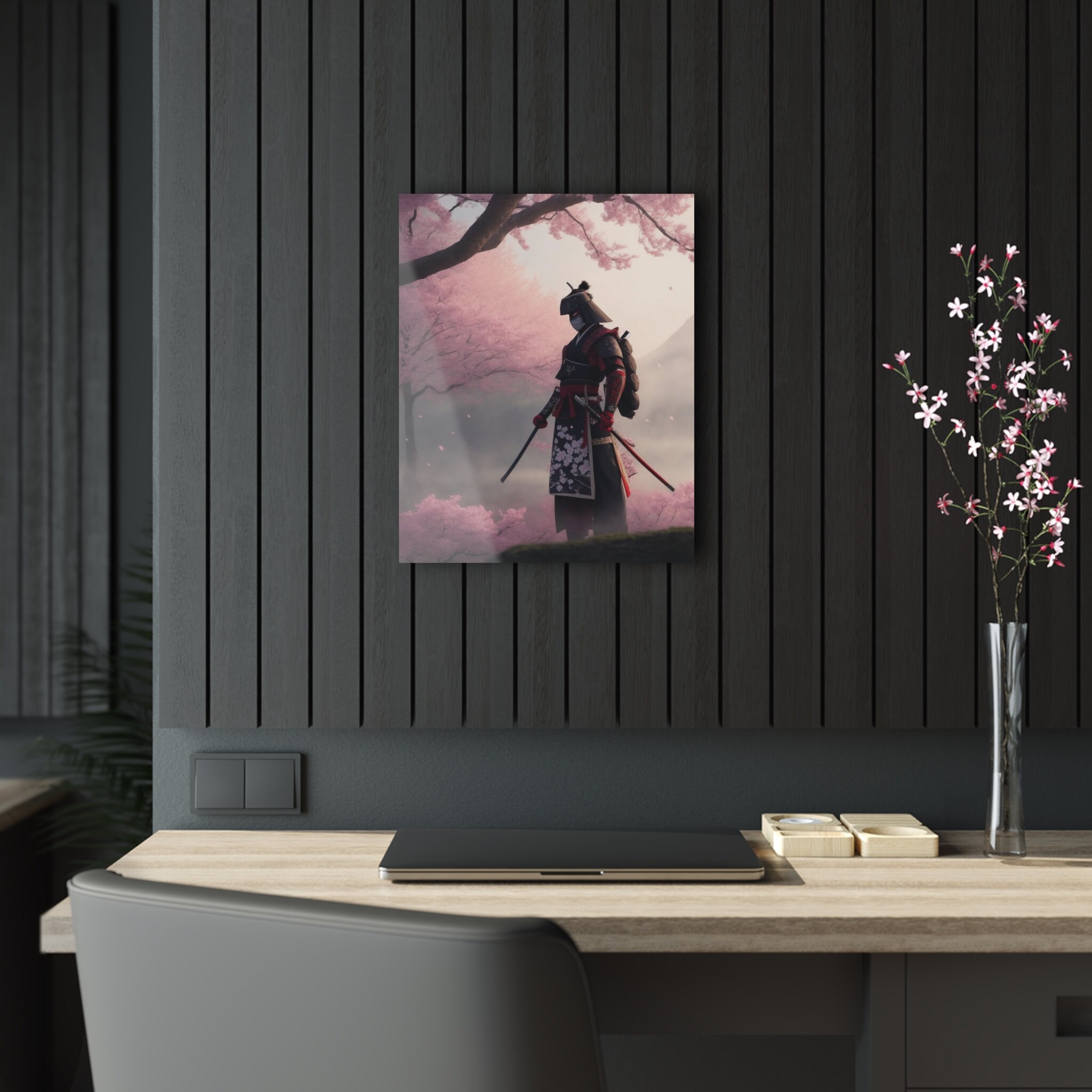 Cherry Blossom Samurai Warrior vertical Acrylic Glossy Print Japan Wall ...