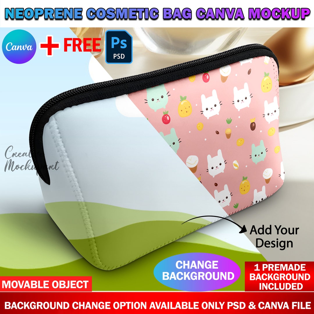 Canva Neoprene Cosmetic Bag Mockup, Sublimation Zipper Makeup Bag ...