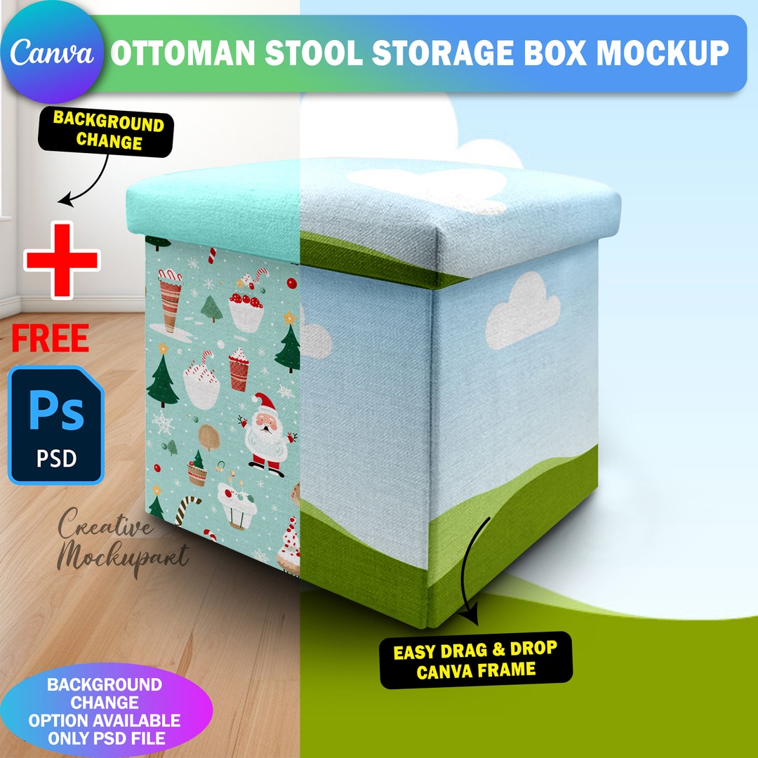 Dye Sublimation Canva Ottoman Stool Storage Box Mockup, Fabric Linen ...