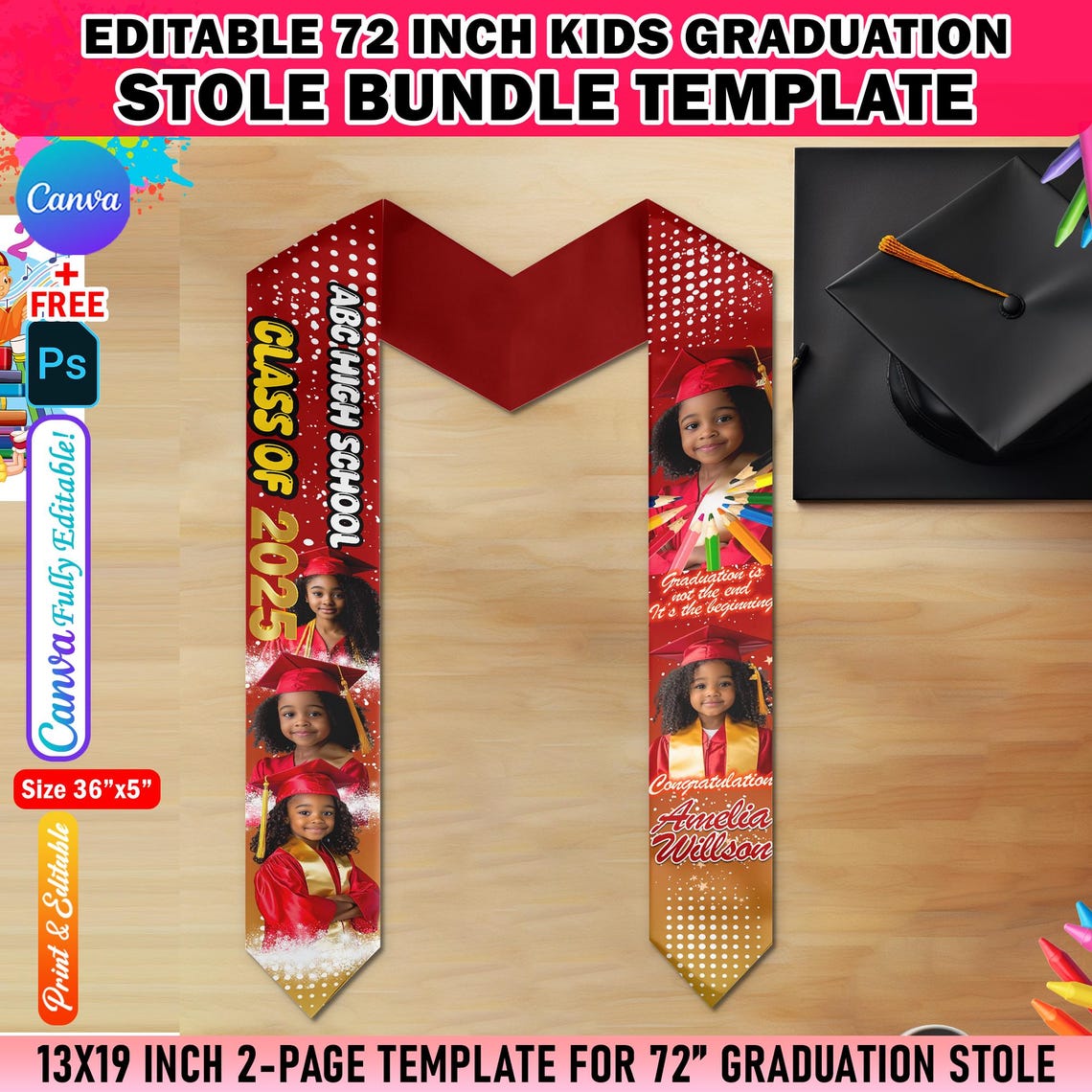 72 Inch Kids Graduation Stole Sash Graduation Stole Red Rose or Change ...