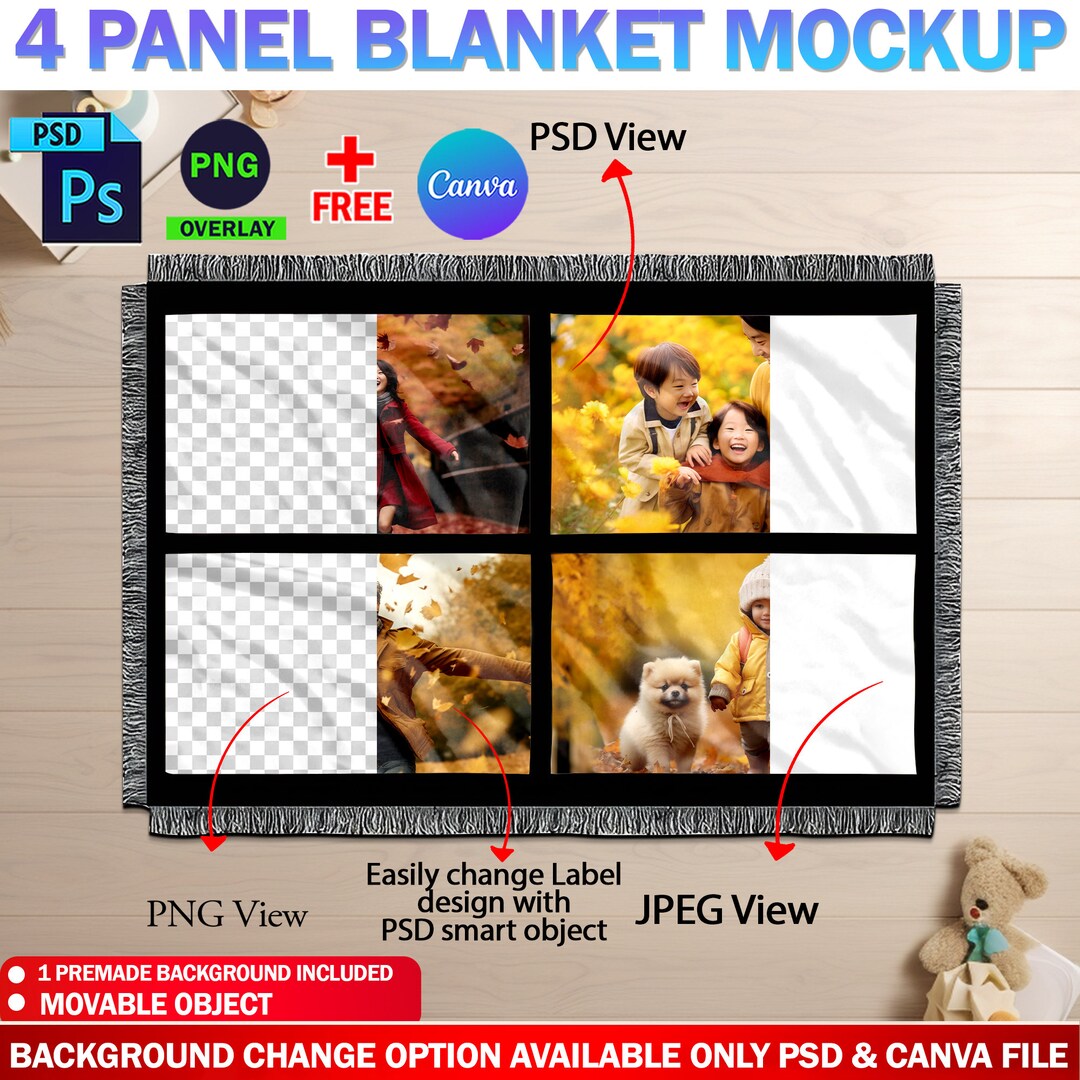 Dye Sublimation 4 Panel Blanket Mockup With Fringe Edges, Insert Design ...