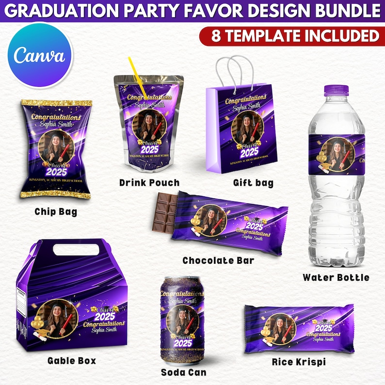 8X Graduation Party Favor Template Bundle, Violet Canva Editable ...