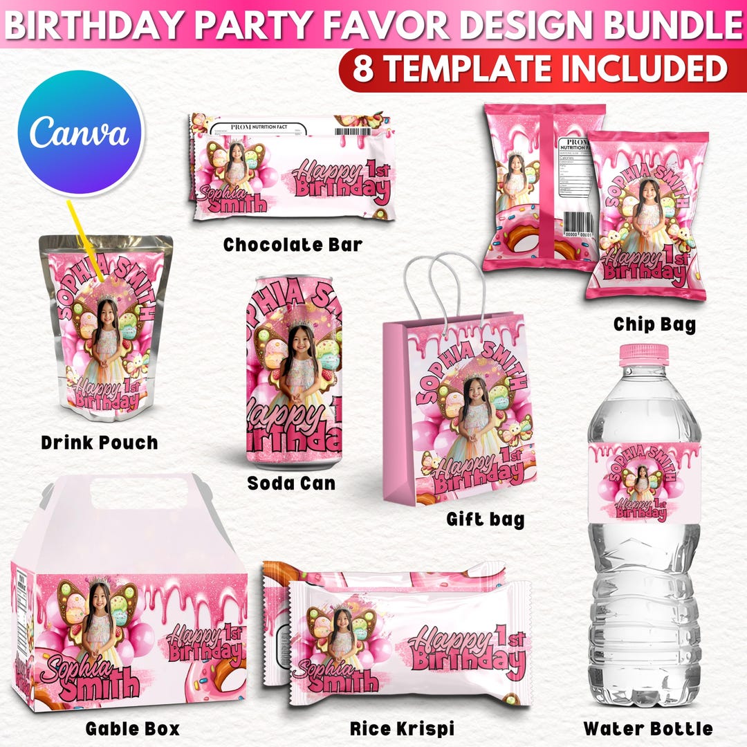 8X Birthday Party Favor Template Bundle, Pink Theme Canva Editable ...