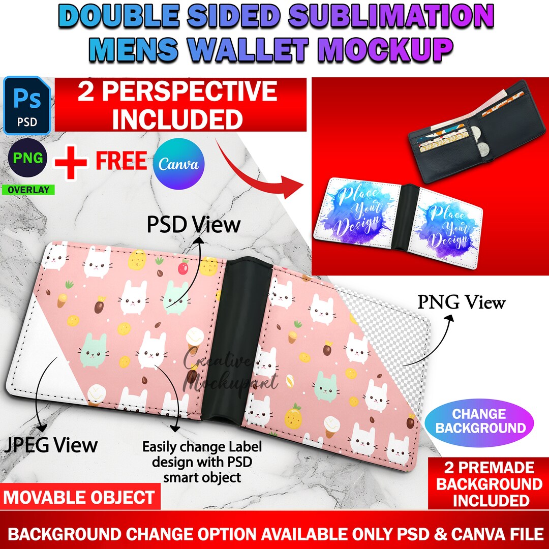 Dye Sublimation Double Sided Men's Wallet Mockup, Bi Fold Wallet Mockup ...