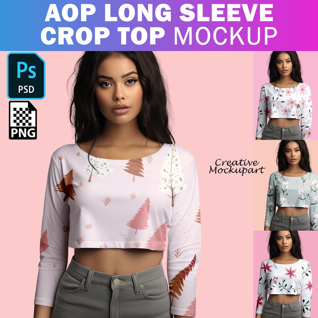 AOP Long Sleeve Crop Top Mockup POD All Over Print Crop Top PSD Mockup ...
