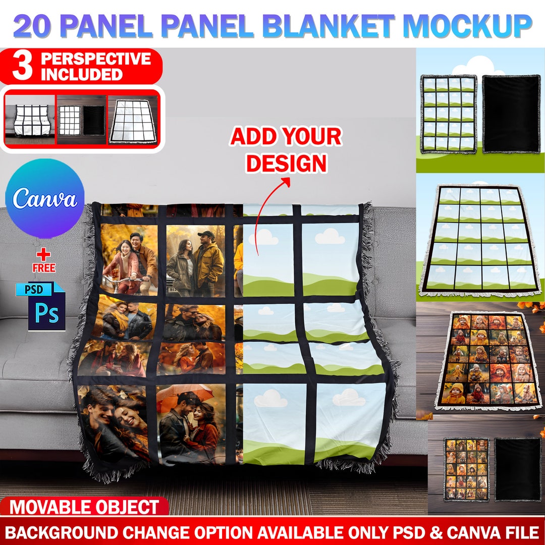 Canva 20 Panel Blanket Mockup With Fringe Edges for Sublimation, 3 ...
