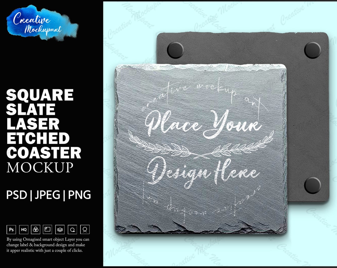 Square Slate Laser Etched Coaster Mockup for Dye Sublimation | Change ...
