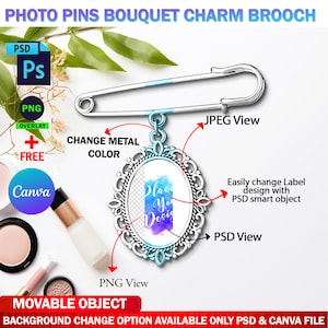 Brooch Photo Pin Mockup, Photo Pins Bouquet Charm Mockup, Brooch Pin ...