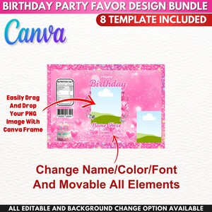 8X Birthday Party Favor Template Bundle, Pink Canva Editable Graduation ...