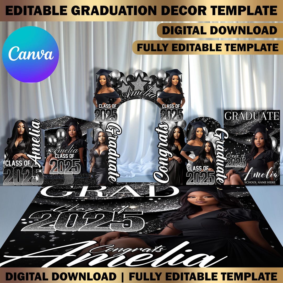 Custom Graduation Decor Canva Template Bundle, Name Cutout, Black ...