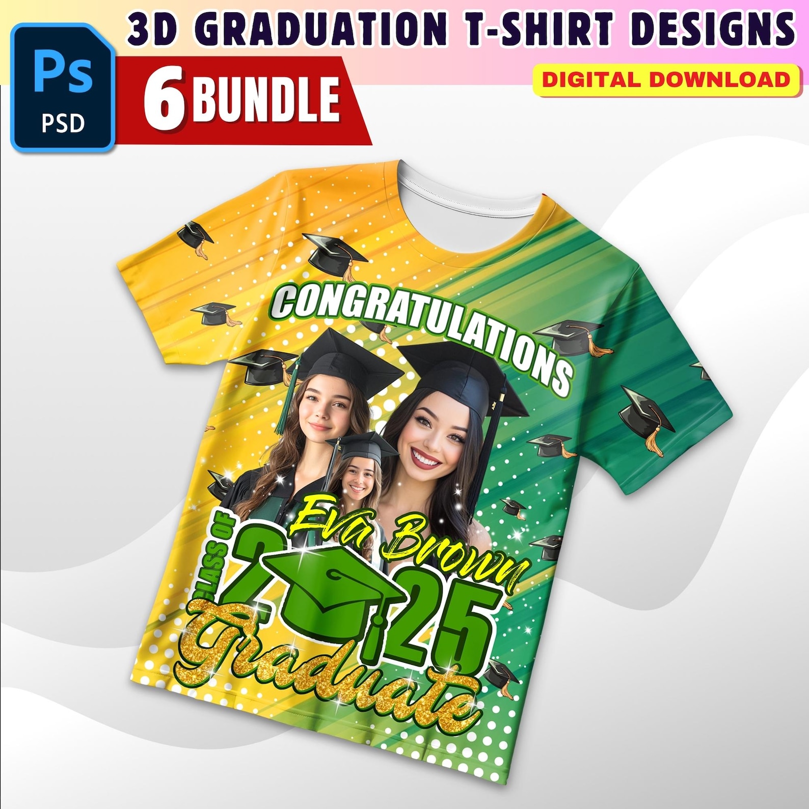 6x Graduation 3D Shirt Design Bundle, Grad T-shirt Design PDS Templates ...